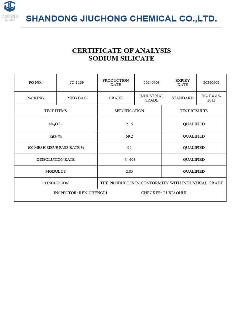 COA-Sodium Silicate 2.85modulus | PDF