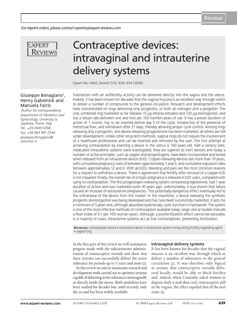 Contraceptive Devices - Intravaginal and Intrauterine Delivery Systems ...