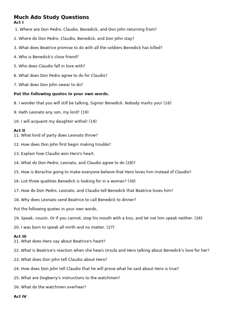 Much Ado Study Questions | PDF | Much Ado About Nothing