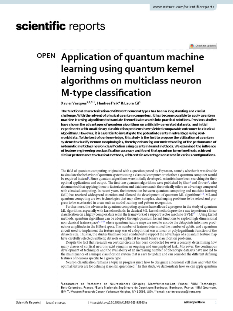 Application Of Quantum Machine Learning Using Quantum Kernel Algorithms On Multiclass Neuron M