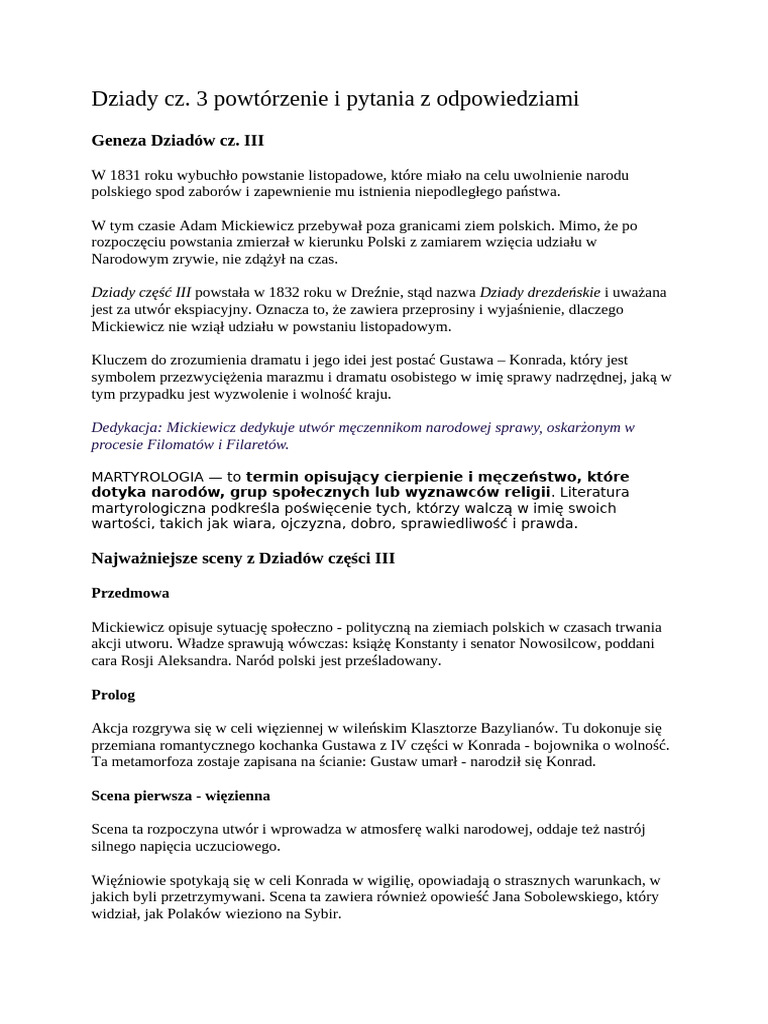 Dziady CZ 3 Sprawdzian | PDF