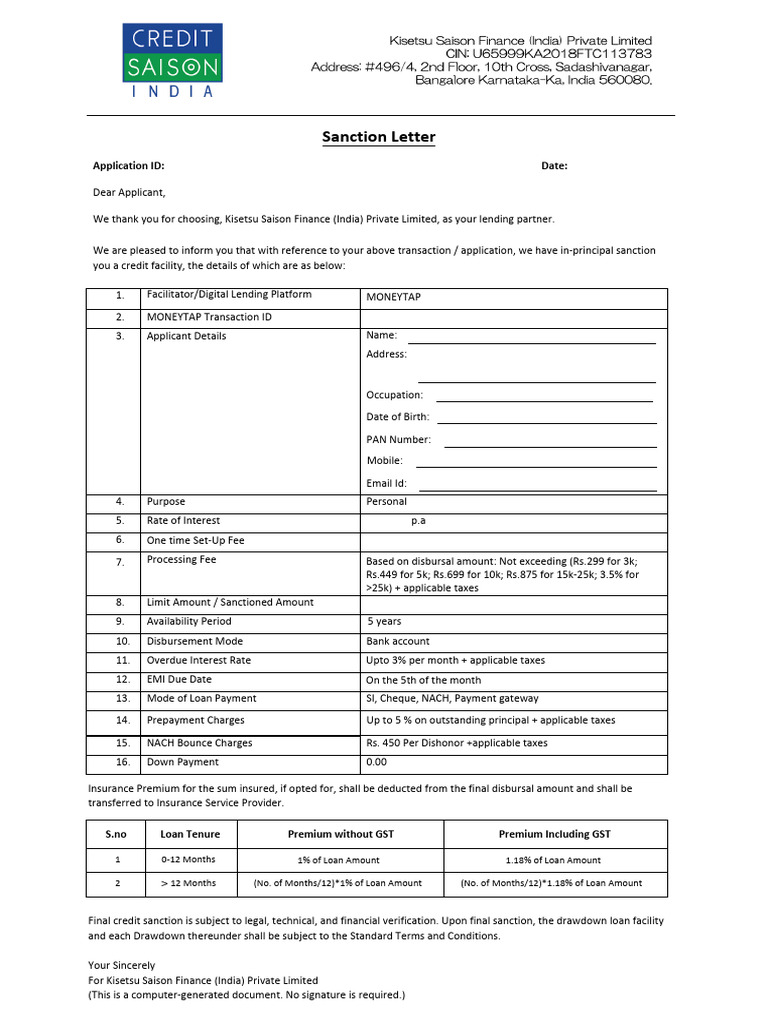 Sanction Letter: Application ID: Date | PDF | Loans | Taxes