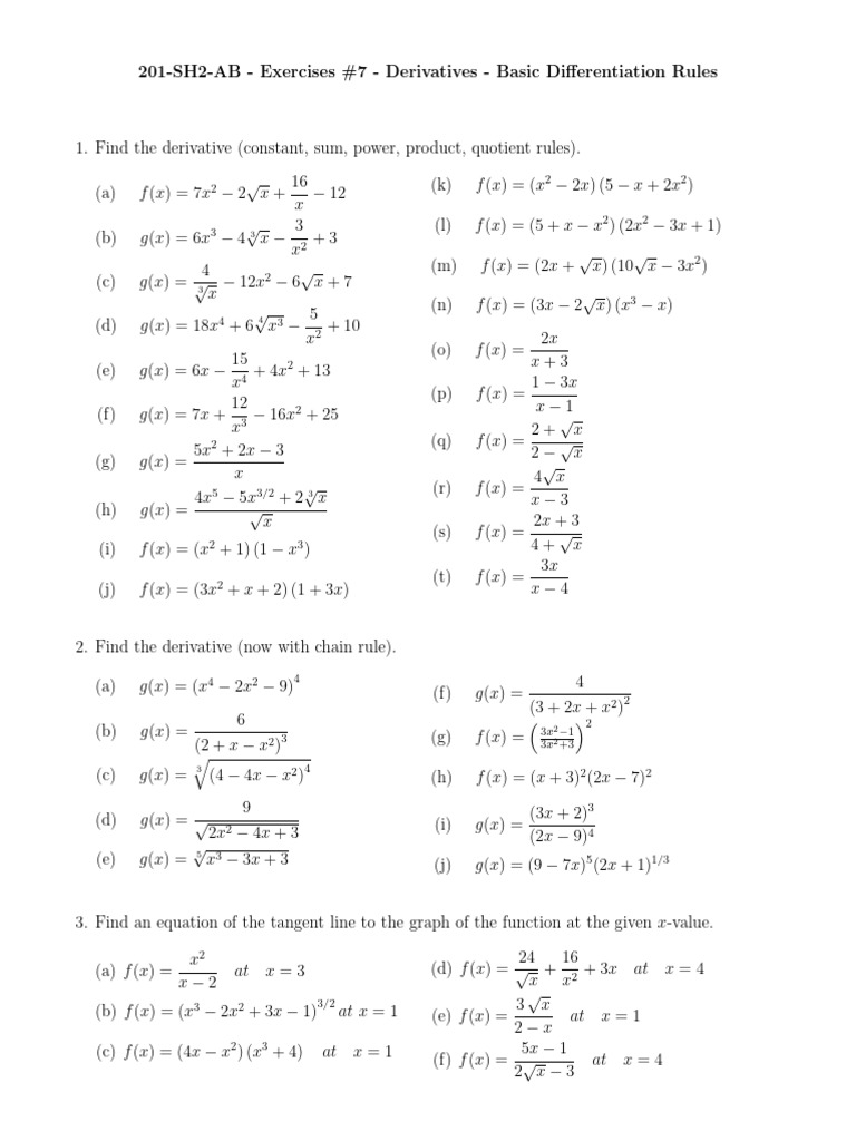 Exercises 7 - Derivatives - Basic Differentiation Rules | PDF | Tangent | Slope