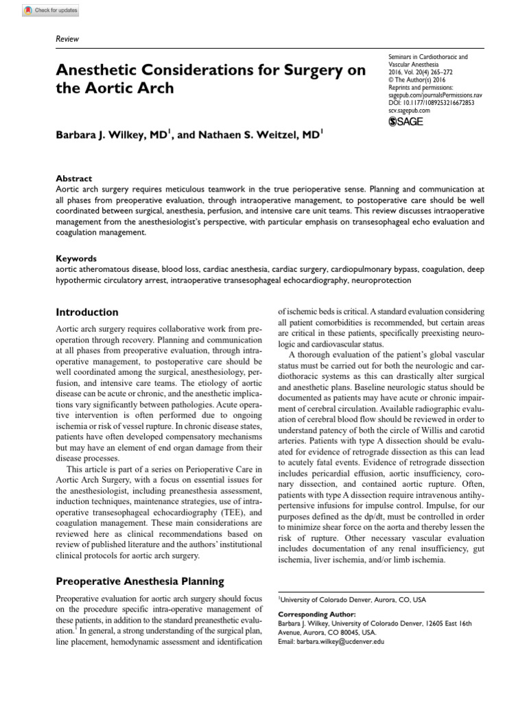 Wilkey Weitzel 2016 Anesthetic Considerations For Surgery On The Aortic ...
