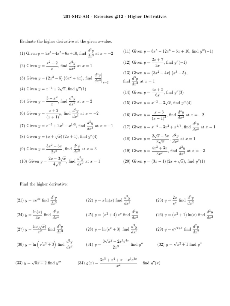 Exercises 12 - HigherDerivatives | PDF