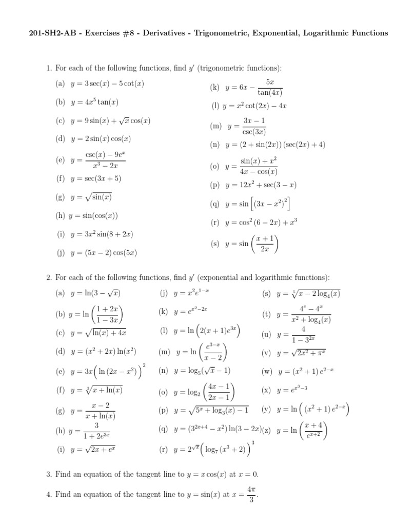 Exercises 8 - Derivatives - Trig - Exp - Log | PDF | Trigonometric ...