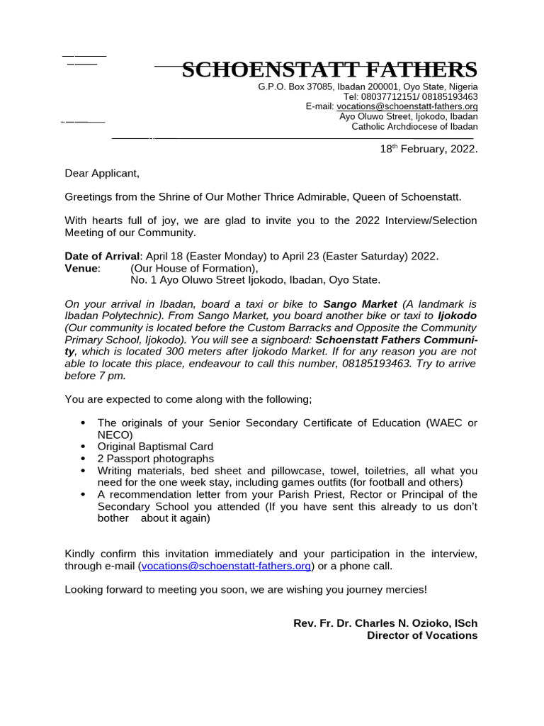2022 Schoenstatt Fathers Interview Invitation | PDF