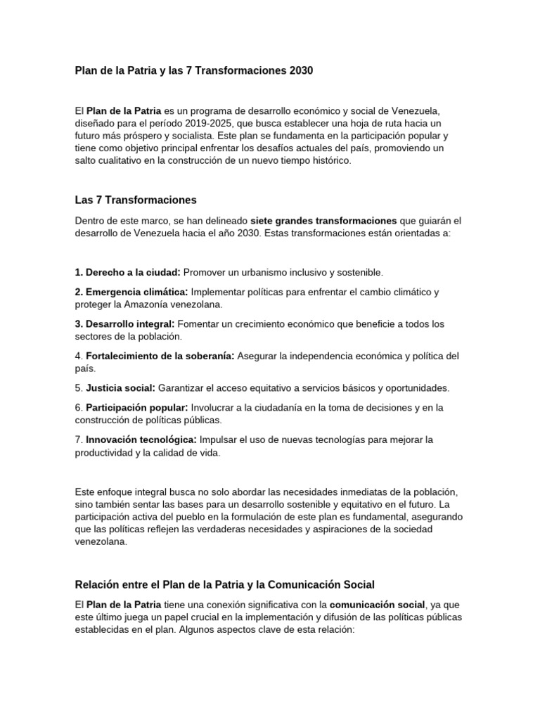 Plan de La Patria y Las 7 Transformaciones 2030 | PDF | Sustentabilidad | Evaluación