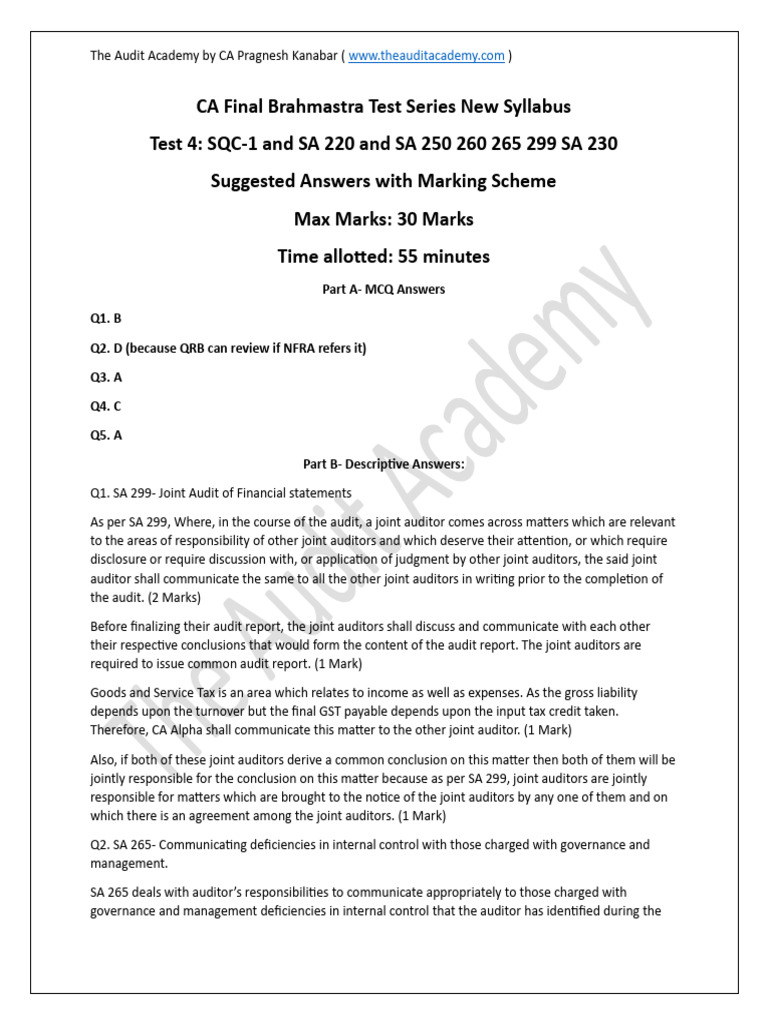 Answer Test 4 SQC-1 and SA 220 and SA 250 260 265 | PDF | Audit ...