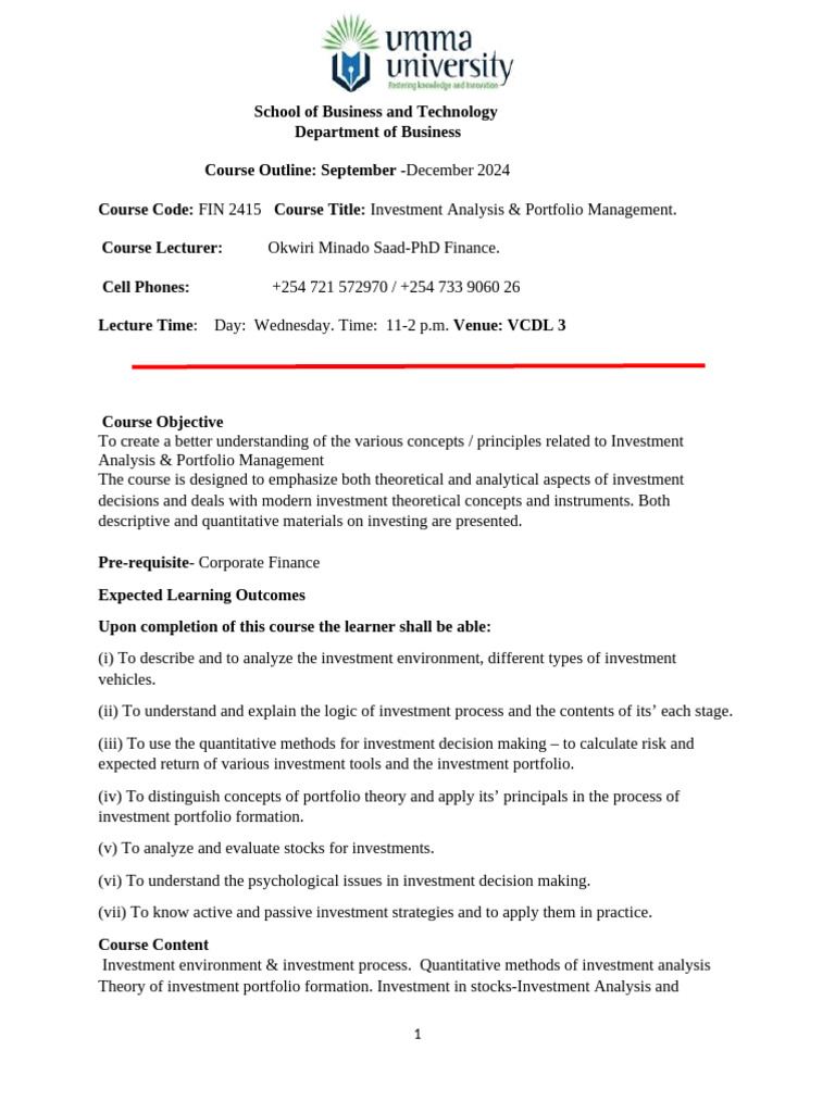 Investment Analysis & Portfolio Management Course | PDF | Financial ...