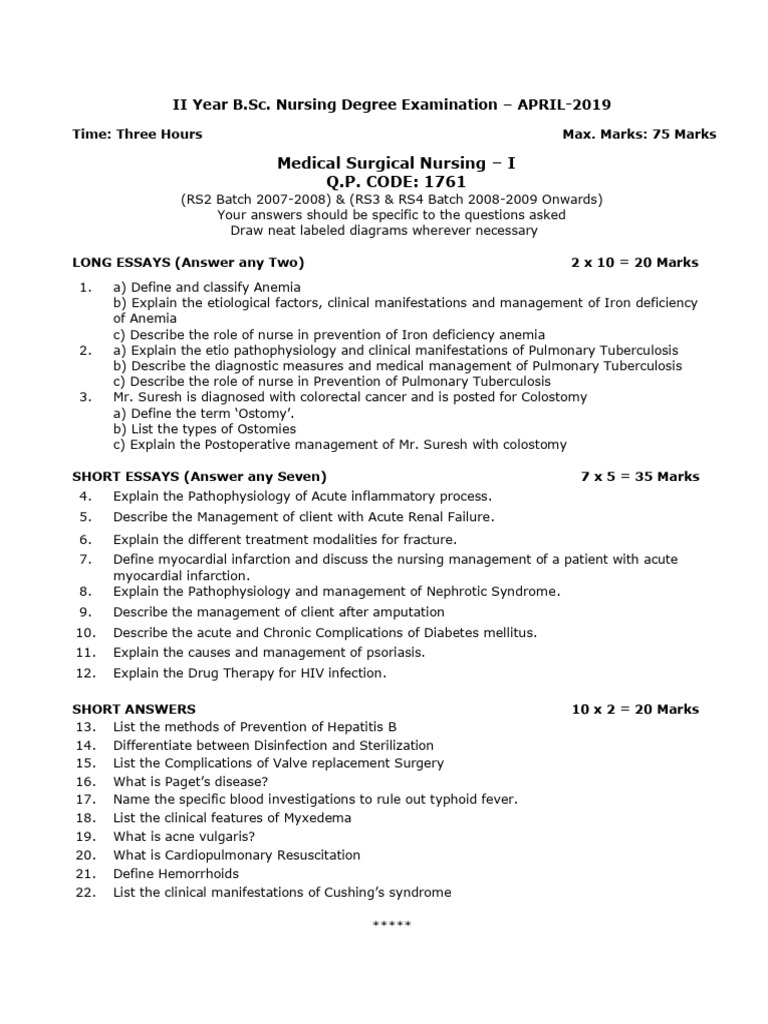 B.Sc. Nursing Exam Questions - April 2019 | PDF | Multiple Choice | Medical Specialties