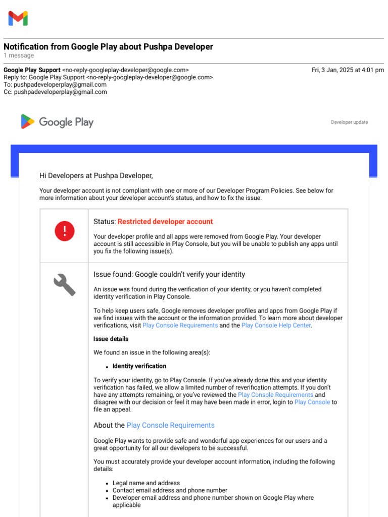 Gmail - Notification From Google Play About Pushpa Developer | PDF | Google Play | Gmail