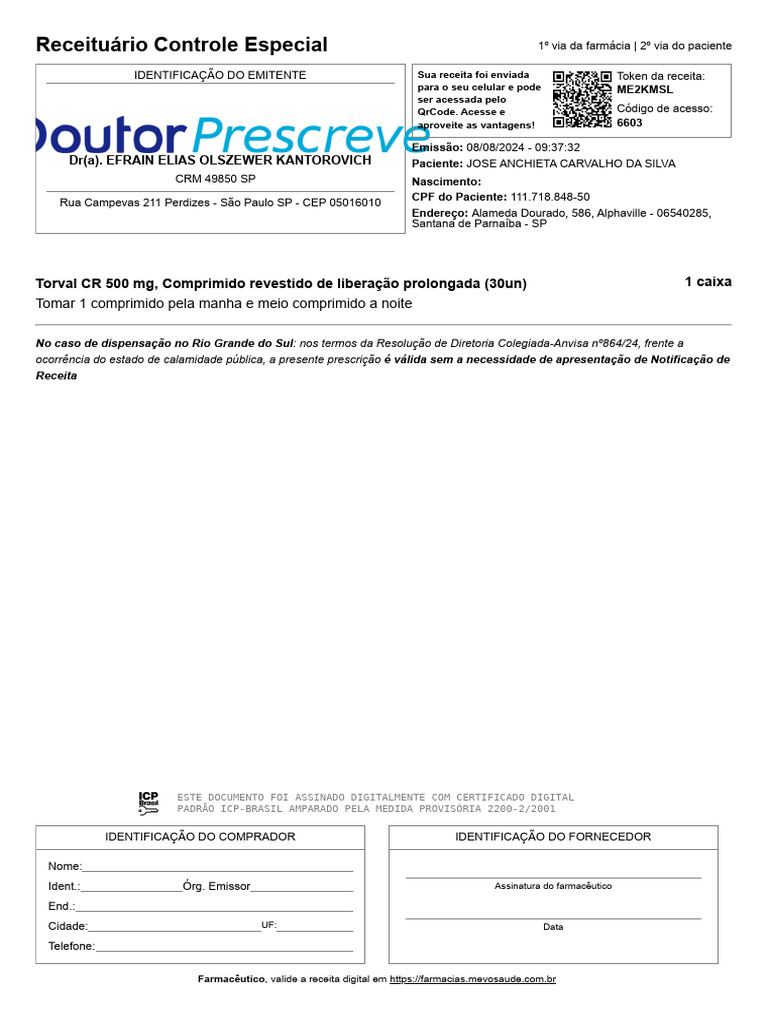 Receita de Torval CR 500 mg | PDF | Receita médica | Remédio