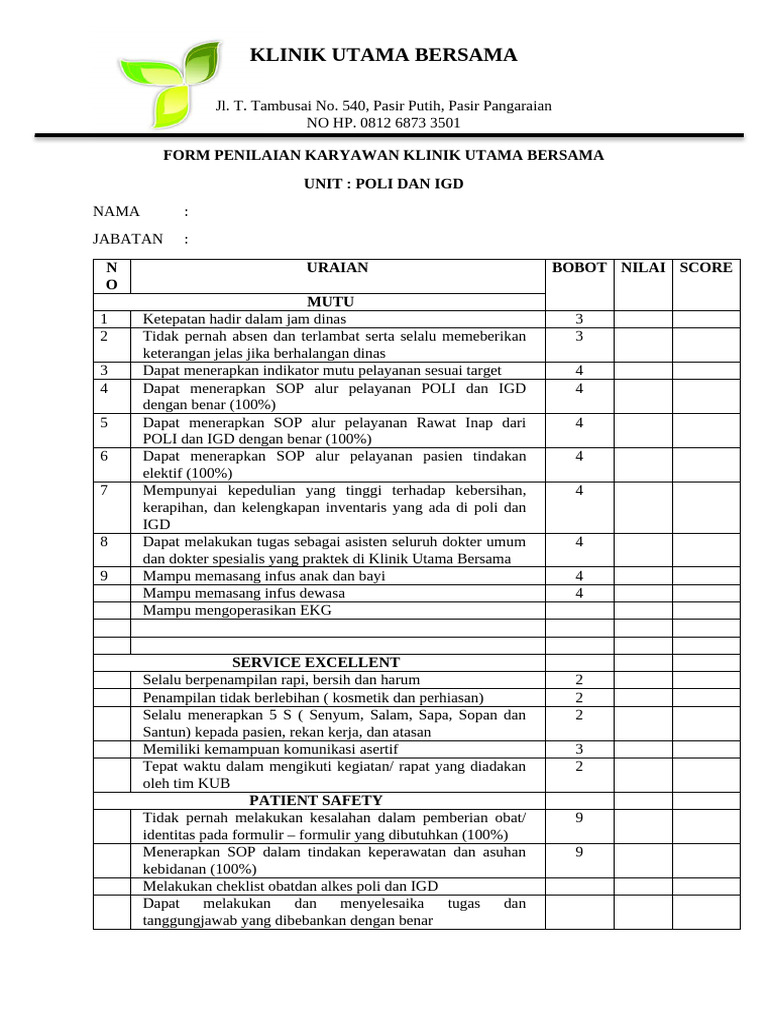 Form Penilaian Karyawan Klinik Utama Bersama | PDF