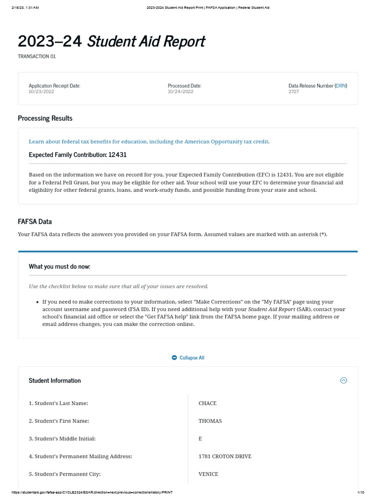 2023-2024 Student Aid Report Print - FAFSA Application - Federal ...