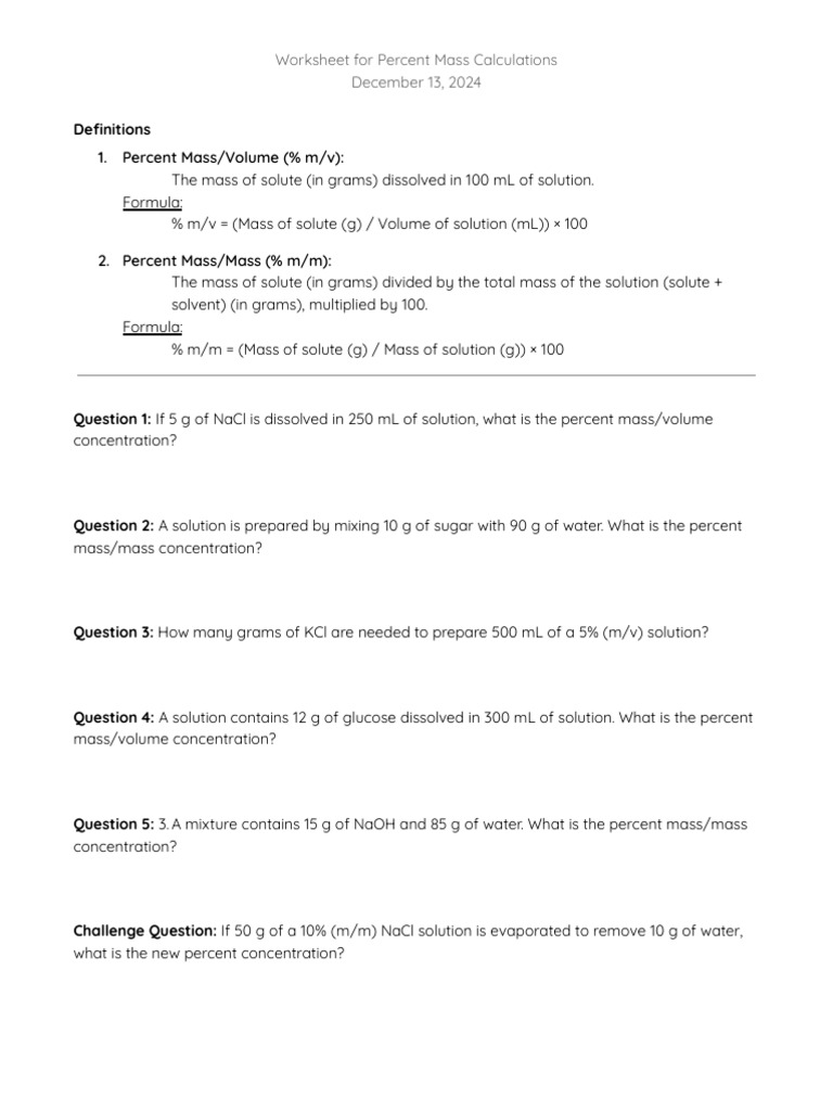 Worksheet for Percent Mass Calculations | PDF
