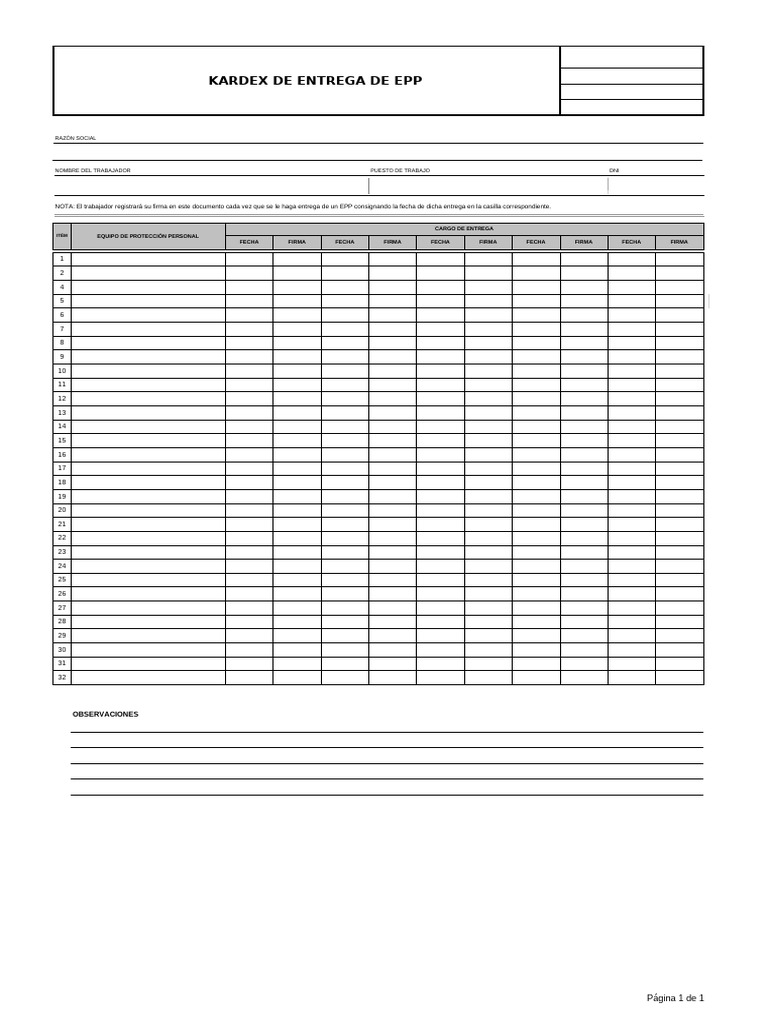 483951300 Kardex de Entrega de EPP Xls | PDF