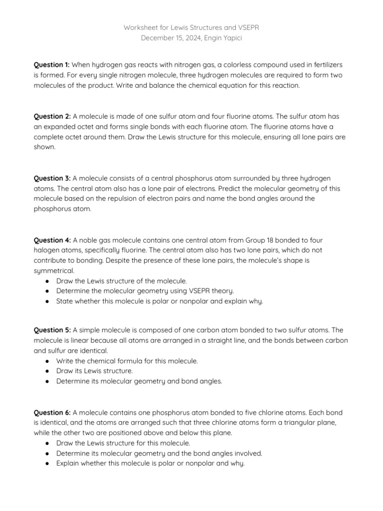 Worksheet for Lewis Structures and VSEPR | PDF