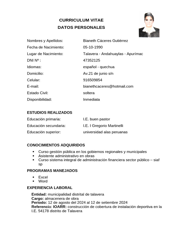 CV Bianeth Cáceres: Experiencia en Administración y Gestión Pública | PDF