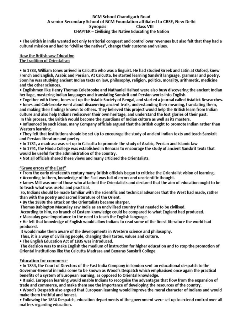 Synopsis Chapter - Civilising The Native Educating The Nation Class ...