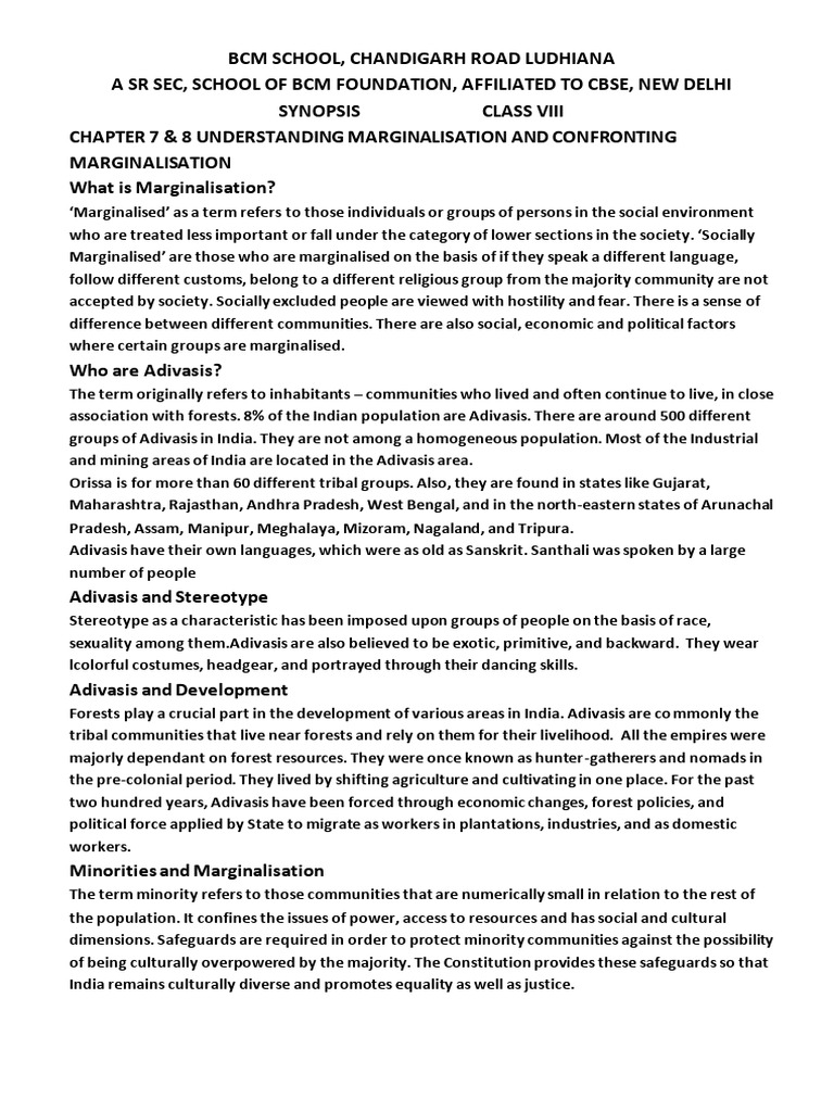 Class Viii Civics (Synopsis) Chapter Understanding Marginalisation and ...