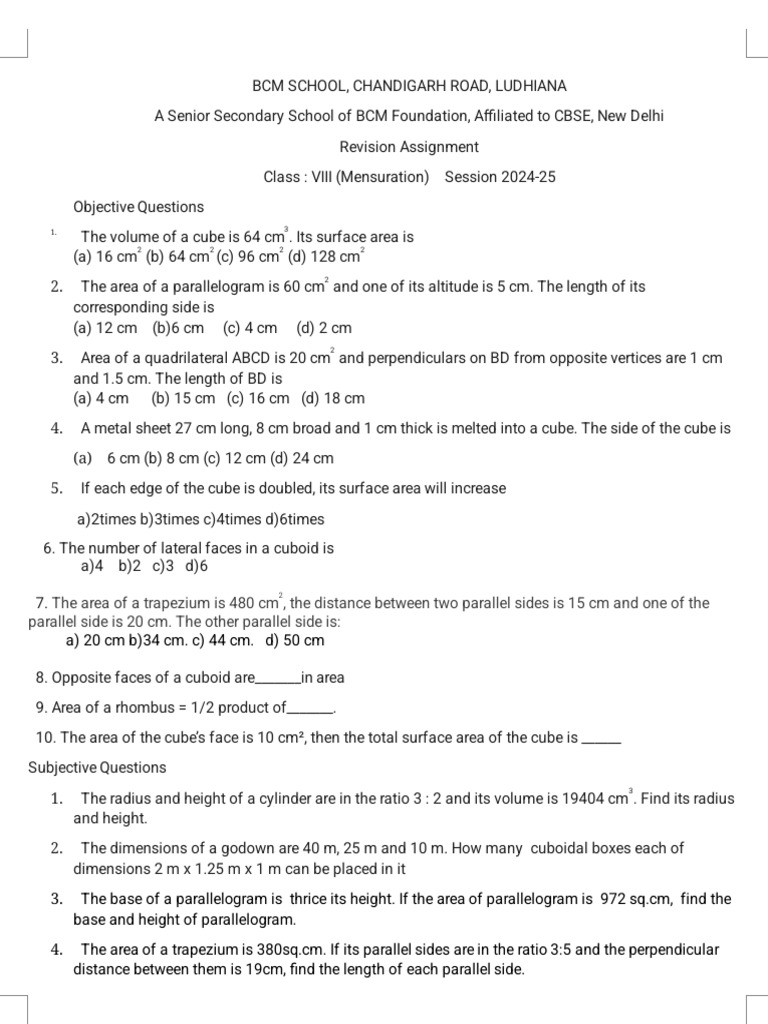 Class VIII Mensuration Revision | PDF | Area | Rectangle
