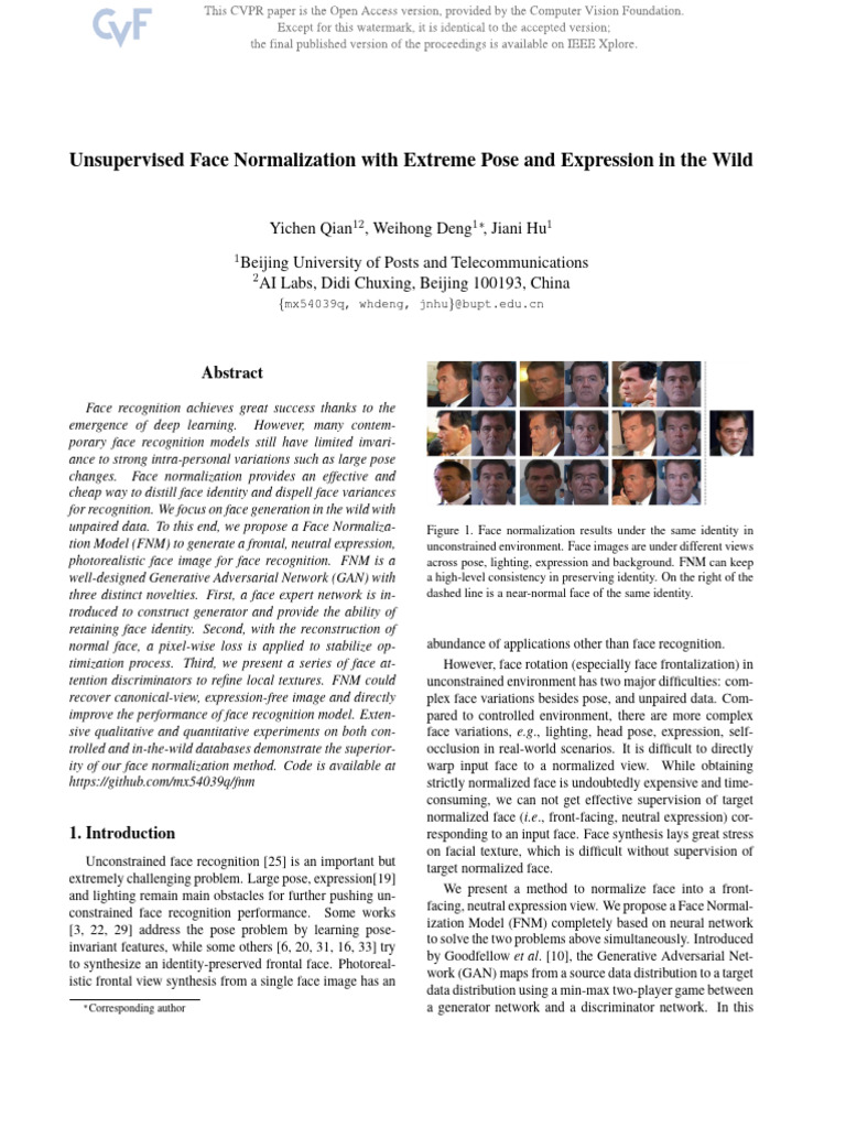 Qian Unsupervised Face Normalization With Extreme Pose And Expression In The Cvpr 2019 Paper