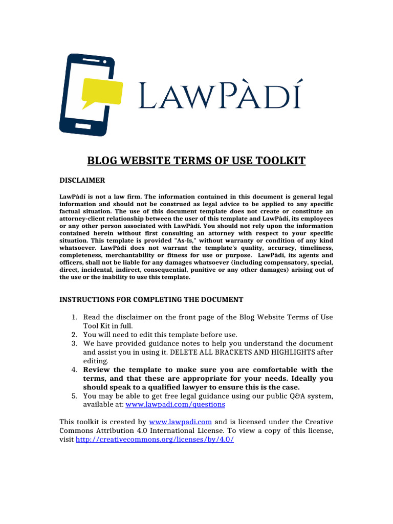 Blog Website Terms of Use Template | PDF | Damages | Intellectual Property