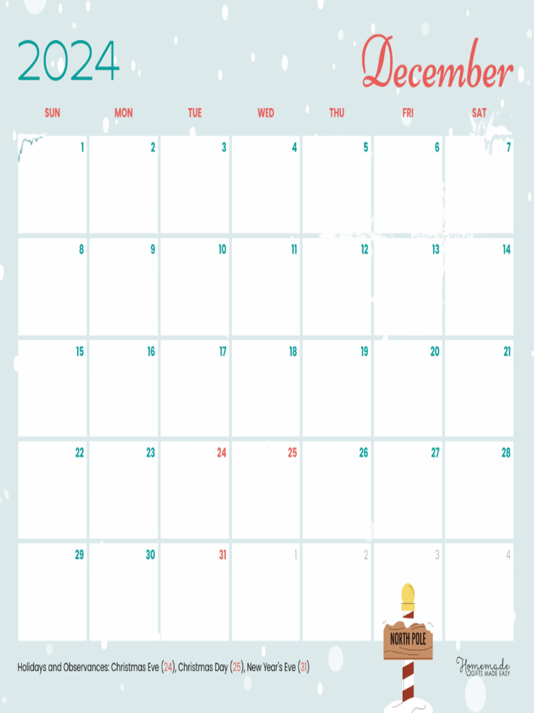 December Calendar 2024 Snowy North Pole | PDF