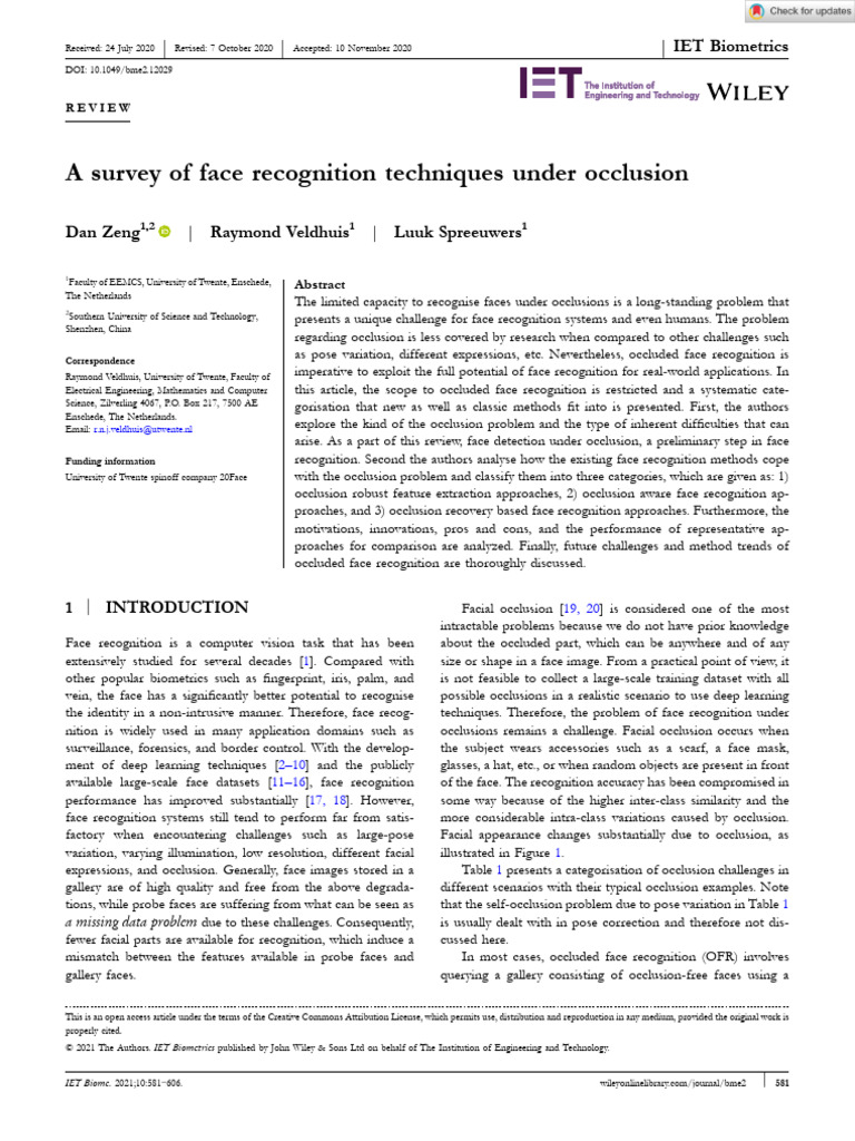 IET Biometrics - 2021 - Zeng - A survey of face recognition techniques under occlusion مهم | PDF ...