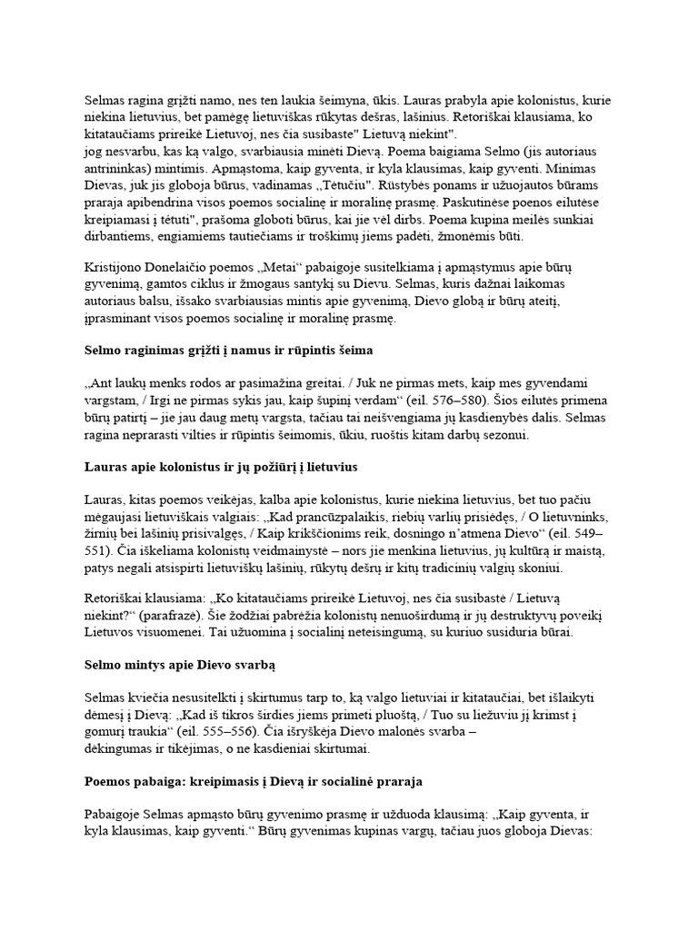 Kristijono Donelaičio Poemos Metai" Pabaiga | PDF