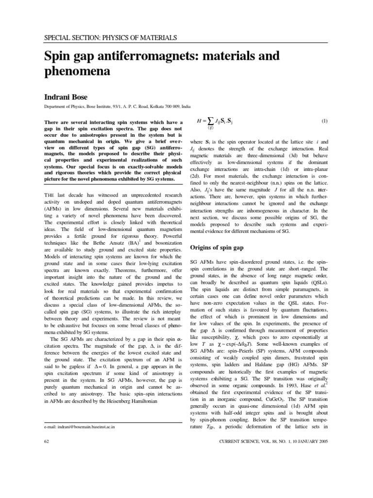 Indrani Bose - Spin Gap Antiferromagnets: Materials and Phenomena | PDF ...