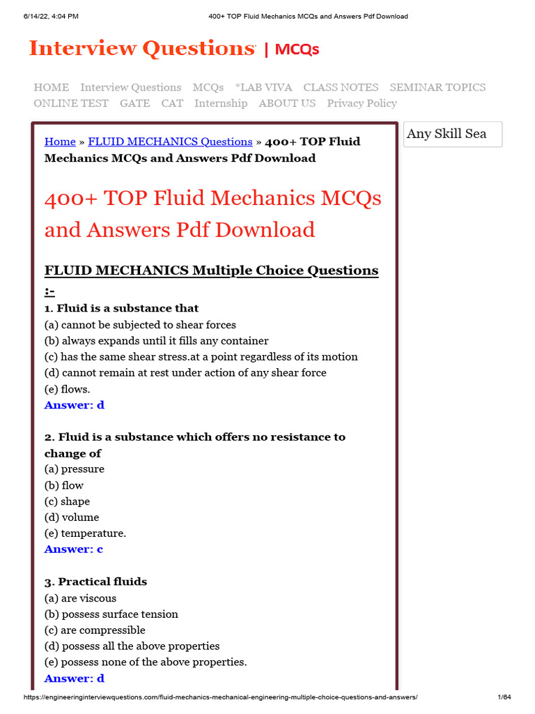 Fluid Mechanics MCQs and Answers PDF | PDF | Buoyancy | Pressure