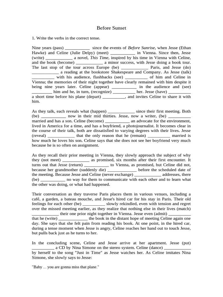 Before Sunset Verbs And Review Guide Pdf