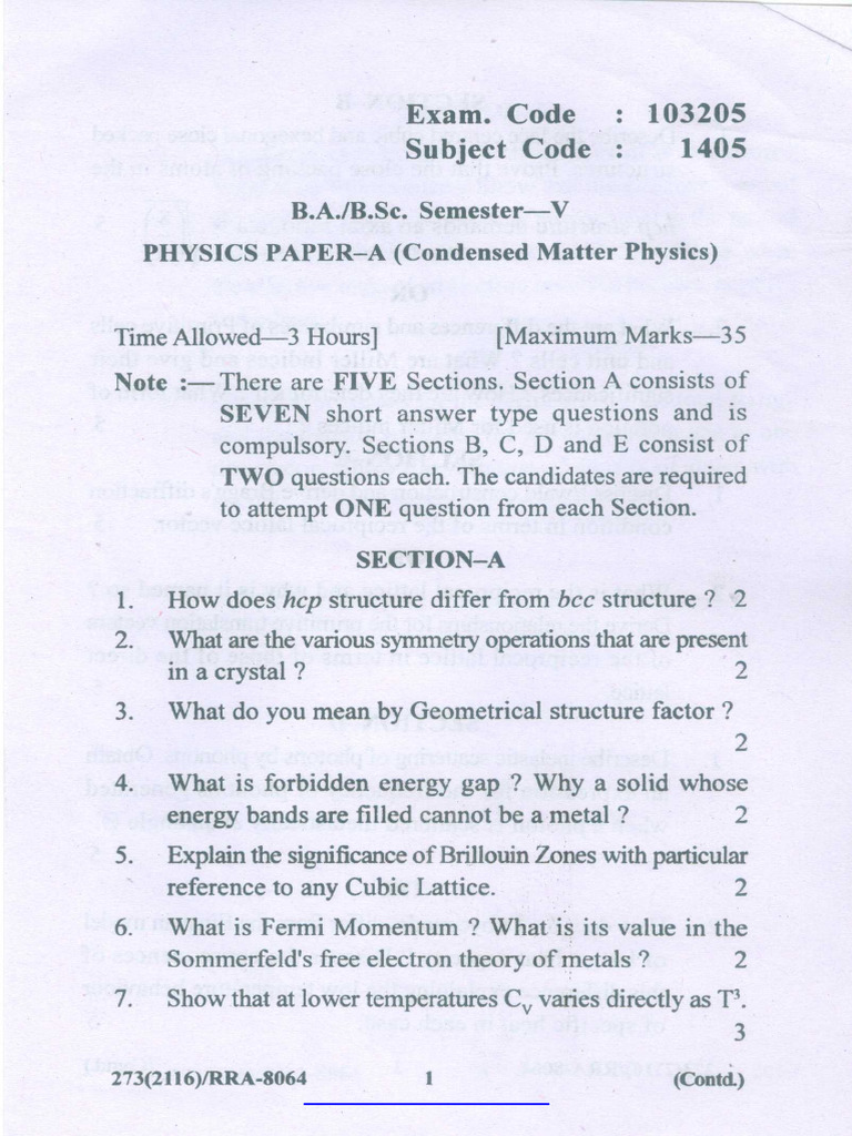 Phy A Ba-Bsc 5th Sem 2016 | PDF | Phonon | Physics