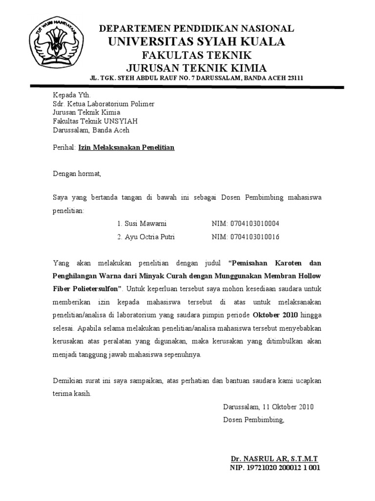Surat Ijin Pemakaian Lab Polimer Pdf