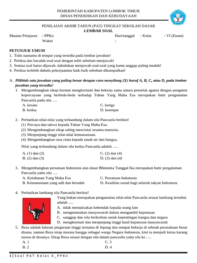 1) Soal Pat PPKN 2023-2024 | PDF