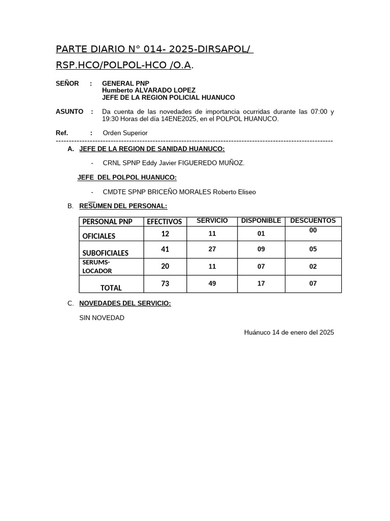 PARTE DIARIO (Numerico) PNP | PDF