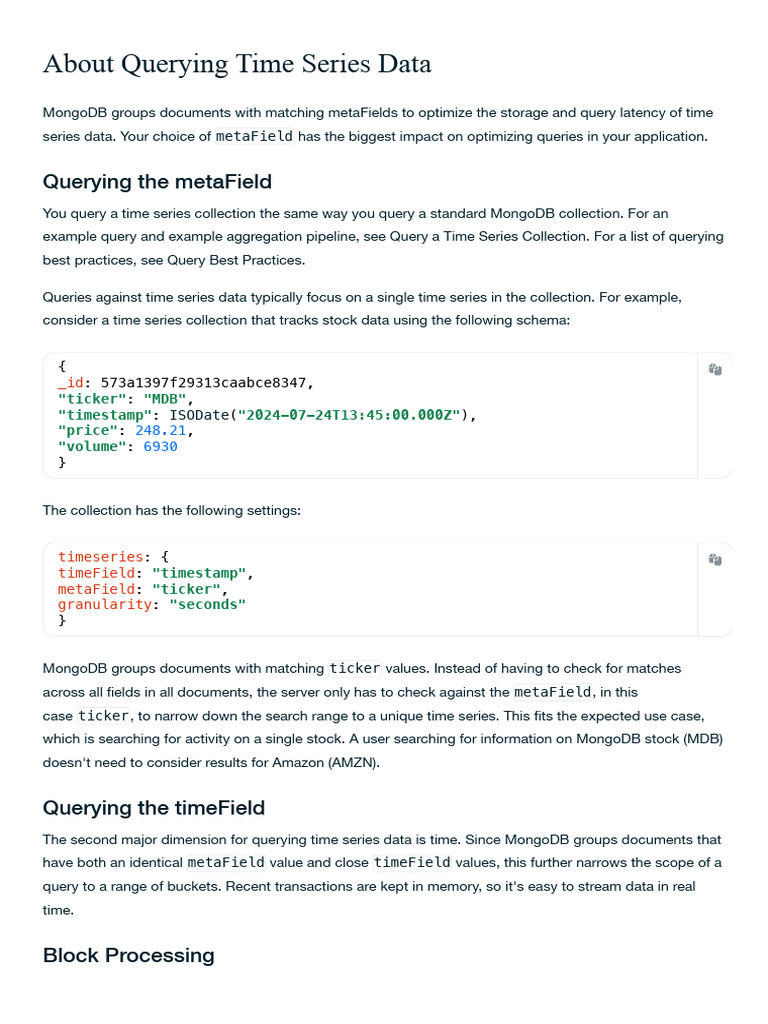About Querying Time Series Data - MongoDB Manual v8.0 | PDF | Mongo Db | Computer Architecture