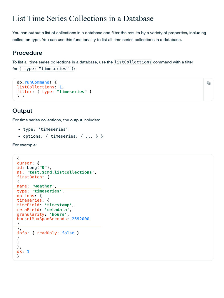 List Time Series Collections in A Database - MongoDB Manual v8.0 | PDF