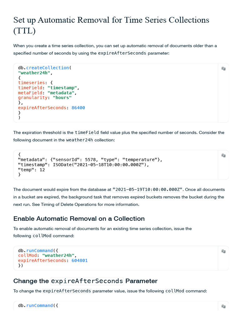 Set up Automatic Removal for Time Series Collections (TTL) - MongoDB Manual v8.0 | PDF ...