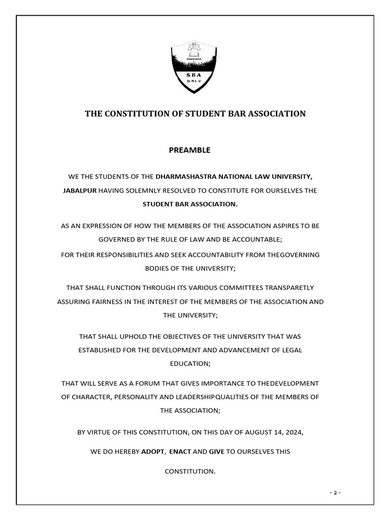 DNLU Student Bar Association Constitution | PDF | Vice President Of The ...