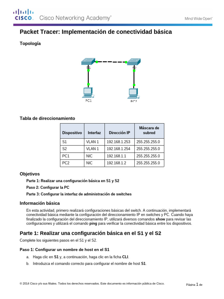 2.3.2.5 Packet Tracer - Implementing Basic Connectivity Instructions-convertido | PDF ...