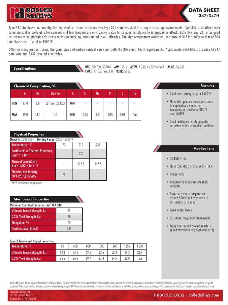 347 Stainless Steel Data Sheet Rolled Alloys | PDF | Stainless Steel ...