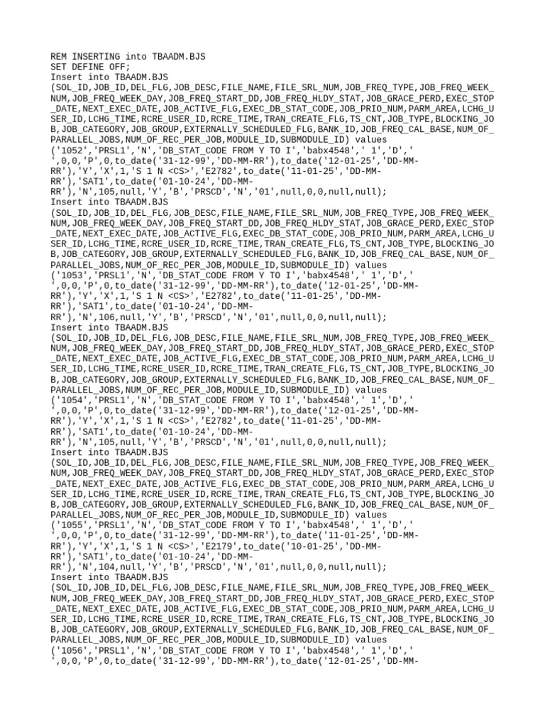 SQL Insert Statements for TBAADM.BJS | PDF | Sql