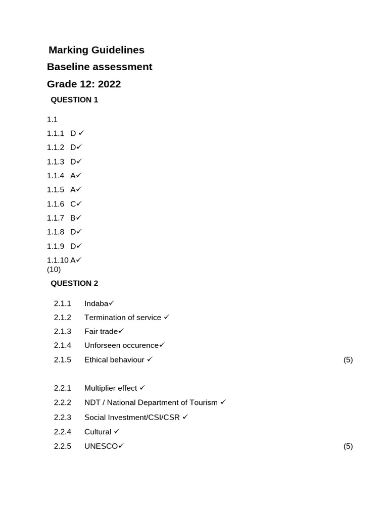 Arch2022 Tourism Grade 12 Base Line Marking Guidelines | PDF