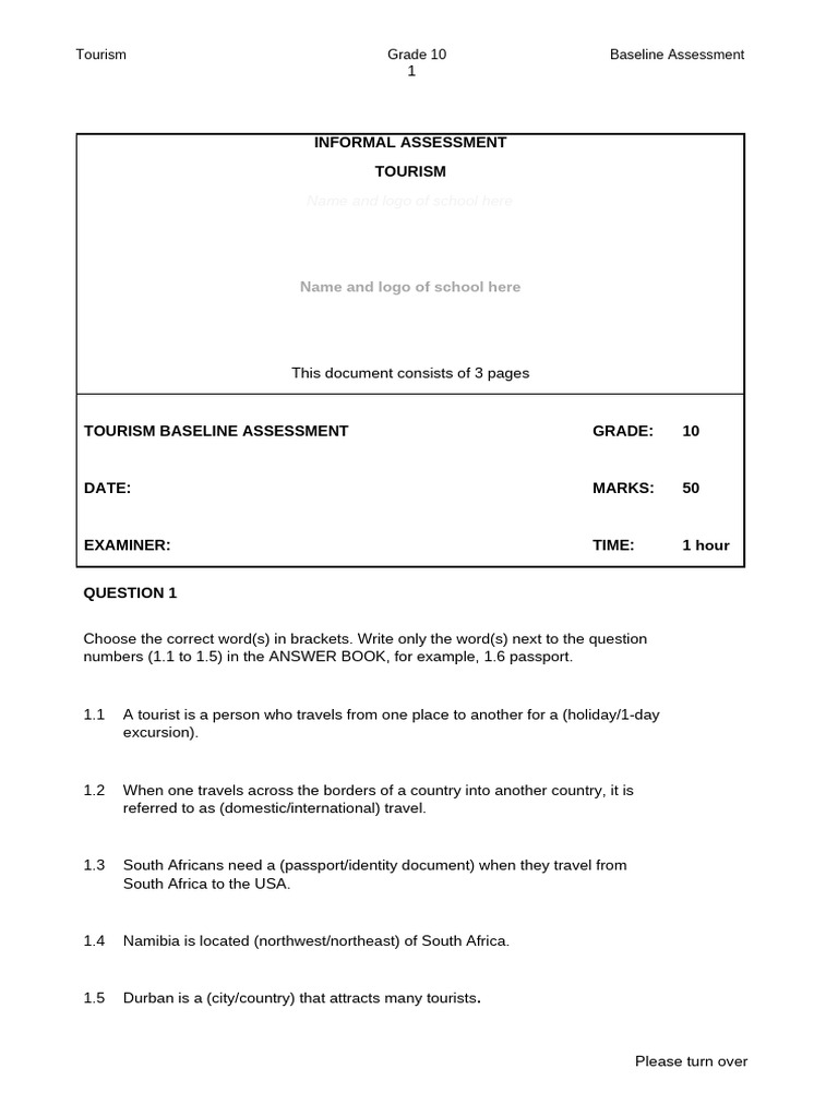 Example of Baseline Assessment 2023 - Term 1 GRD 10 - EE | PDF | Cape Town | Tourism