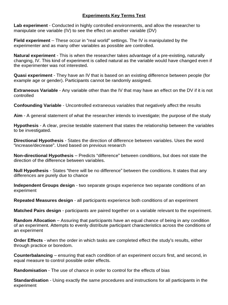 Experiments Key Terms Test List | PDF | Experiment | Cognition