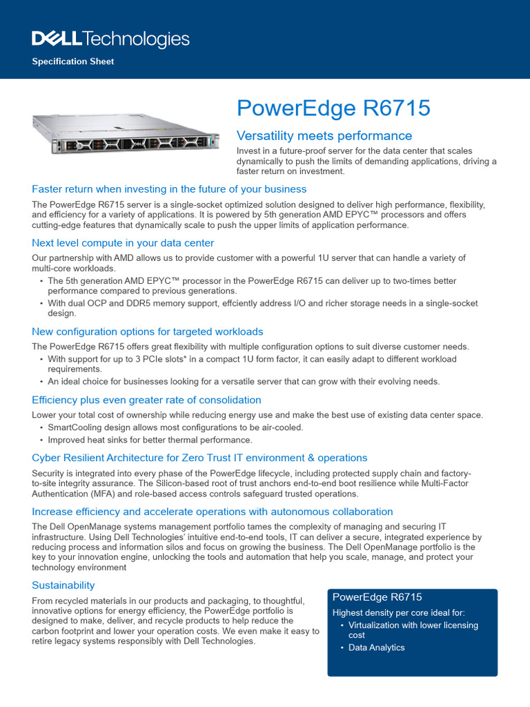 Poweredge r6715 Spec Sheet | PDF | Data Center | Central Processing Unit
