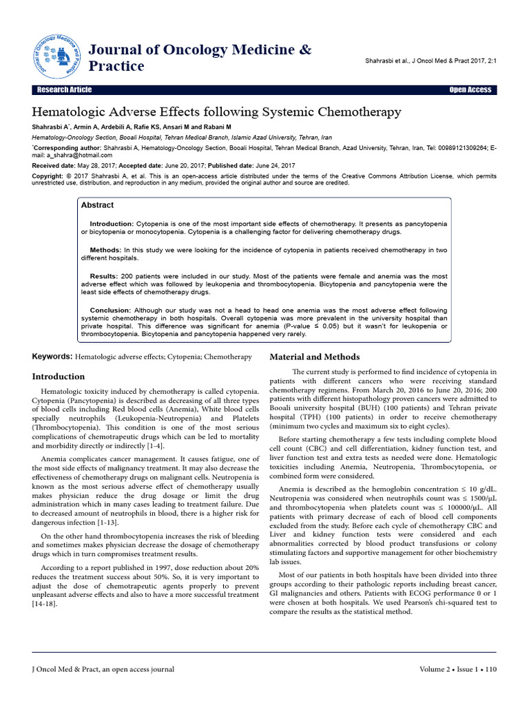 Hematologic Adverse Effects Following Systemic Chemotherapy | PDF ...